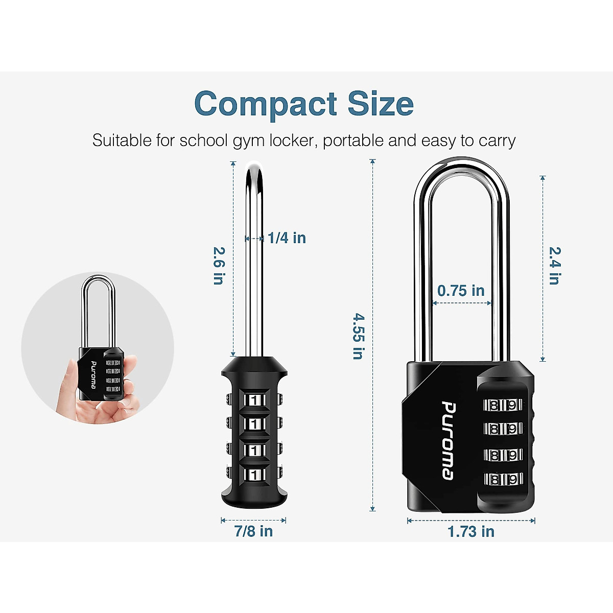 Puroma 2 Pack 2.6 Inch Long Shackle Combination Lock 4 Digit Outdoor Waterproof Padlock for School Gym Locker, Sports Locker, Fence, Gate, Toolbox, Case, Hasp Storage (Black)
