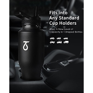 Trebo 40oz Insulated Water Bottle that Fits in Cup Holder, Stainless Steel Bottles Tumbler Double Wall Metal with Straw Spout Lids,Travel Flask with Paracord Handle, Sweat Proof Keep Cold &Hot,Black