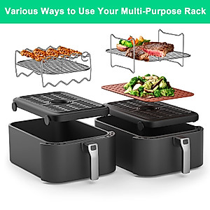 MFTEK Air Fryer Rack Set Of 2 for Dual Basket, Air Fryer Accessories Dehydrator Rack, Multi-purpose Double Layer Rack with Skewer, Compatible with Double Basket Air Fryers Ninja Foodi DZ201/401