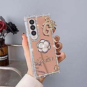 Omio for Samsung Galaxy Z Fold 3 5G Mirror Case with Crossbody Lanyard Luxury 3D Sparkle Crystal Diamond Bling Glitter Cute Slim Makeup Hard PC Phone Case for Galaxy Z Fold 3 Women Girls, Gold