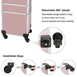 mefeir 4 in 1 Rolling Makeup Train Case, Aluminum Makeup Travel Organizer Cosmetic Case, Cosmetology Display Suitcase on Wheels, Beauty Storage Luggage Lockable w/4 Removable Wheels (Pink)
