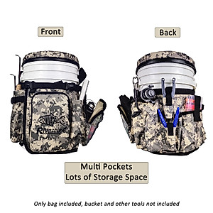 Riverruns Camouflage Fishing General Fishing Bucket Tool Organizer, Multiple pockets, Adjustable Bucket Caddy Tackle Bag for 5-Gallon Bucket, Bucket and Other Fishing Gears Not Included