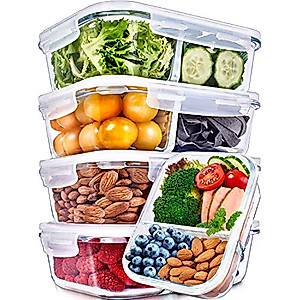 PrepNaturals glass food storage containers, meal prep container, bento box for lunch, dishwasher & microwave safe (multi-compartment)
