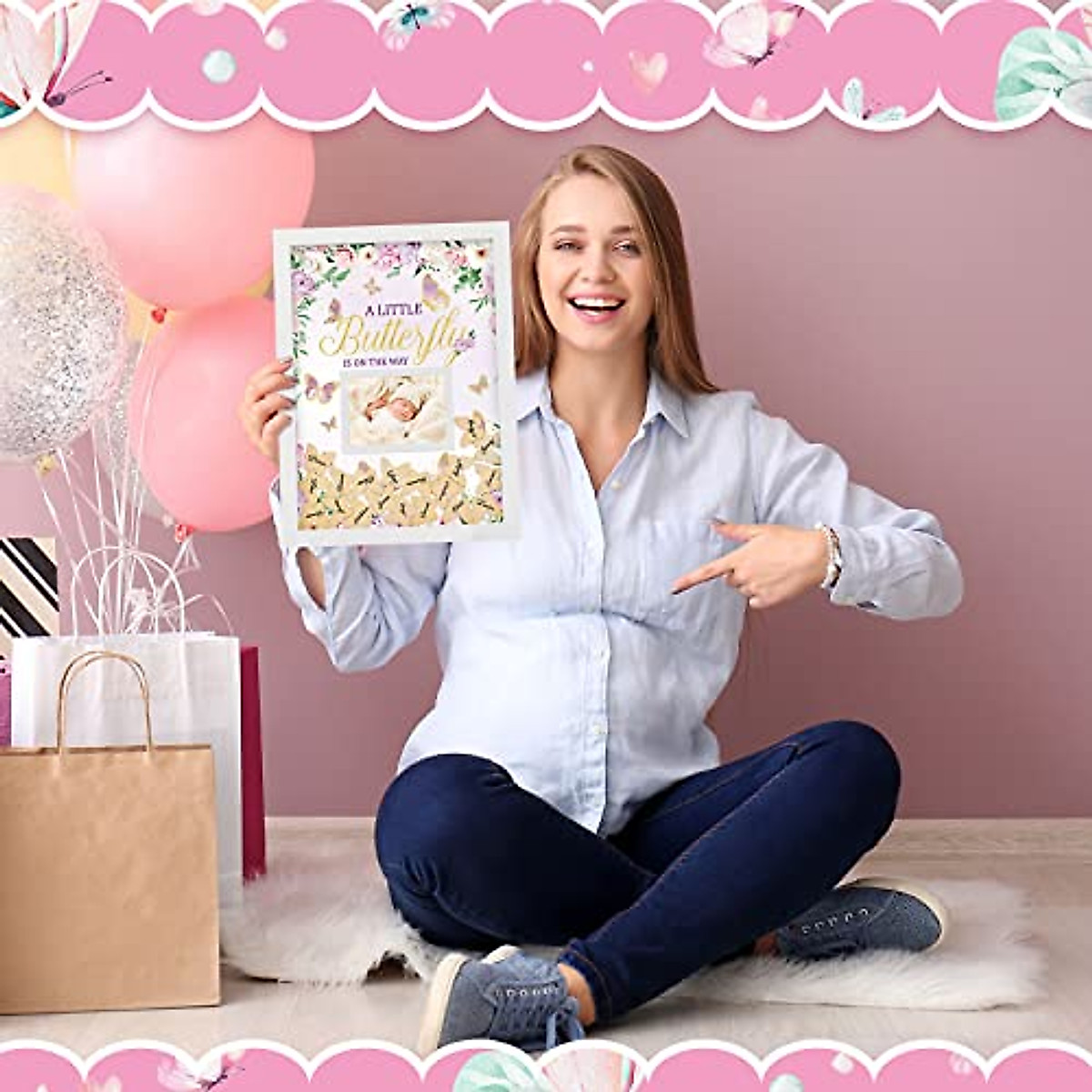 65 Pieces Butterfly Baby Shower Guest Book Alternative Set 60 Pieces Butterfly Token Baby Shower Sign in Guest Book Baby Keepsake Signature Book Picture Frame with Wooden Stand Storage Bag and Pen