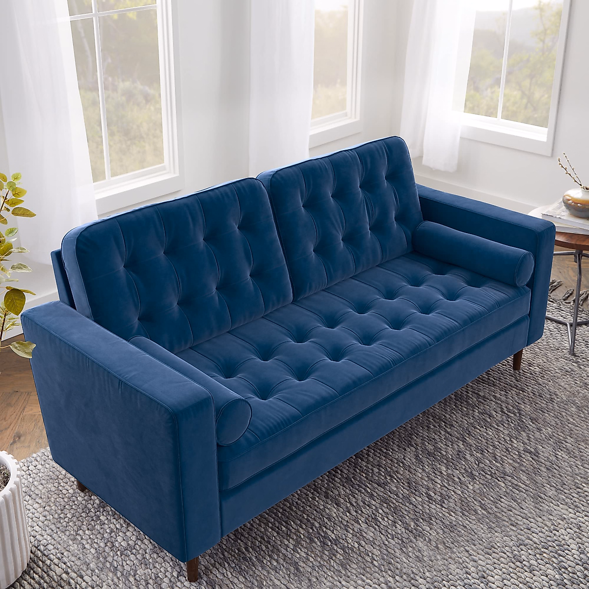 Edenbrook Lynnwood Upholstered Sofa - Couch for Living Room Office or Bedroom - Mid-Century Modern Design Furniture - Buttonless Tufting - Simple Assembly - Includes Bolster Pillows - Navy Velvet