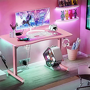 Vitesse Pink 40 Inch Cute Kawaii Computer Gaming Table T Shaped Girl Gamer Workstation Home Office Desk with Carbon Fiber Surface and Headphone Hook
