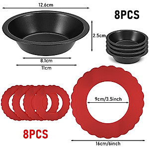 Pie Dish Set Including Mini Pie Pans Nonstick 5 Inch Mini Metal Bakeware and Silicone Pie Crust Protector 3.5-6.4 Inch Kitchen Pie Baking Cover to Protect Edge from Burning, Red (16 Pcs)