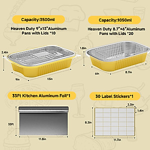 30Pack Aluminum Pans with Lids Kit-10Pack (9x13) Half Size Oven Steam Table Tin Foil Pans Collocation 20Pack (8.7*6) Disposable Baking Pan Chafing Trays with 33ft Aluminum Foil and 30 Label Stickers