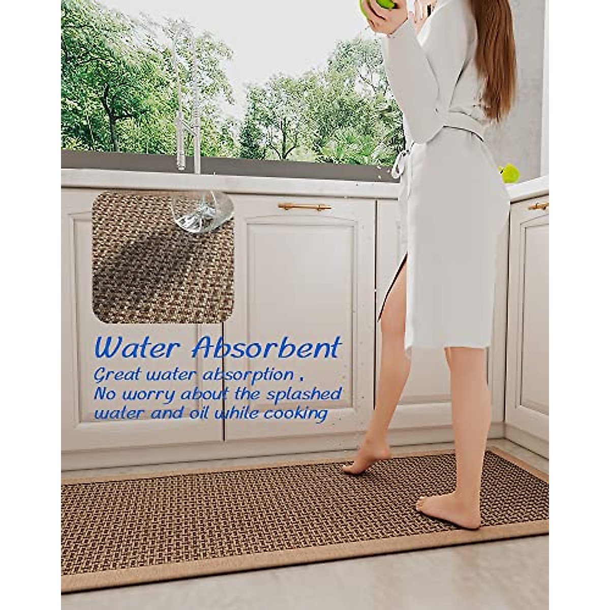 MontVoo Kitchen Rugs and Mats for Floor, Washable Non-Skid Runner Rug, Absorbent Twill Standing Mat for Sink, Brown