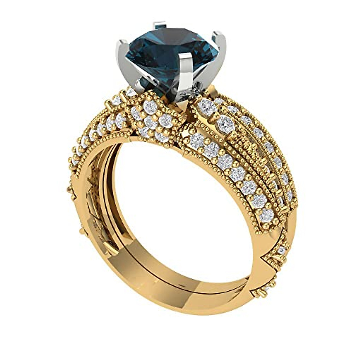 Clara Pucci 2.07ct Round Cut Pave Solitaire with Accent Natural London Blue Topaz Statement Bridal Ring Band Set 14k 2 Tone Gold 8.5