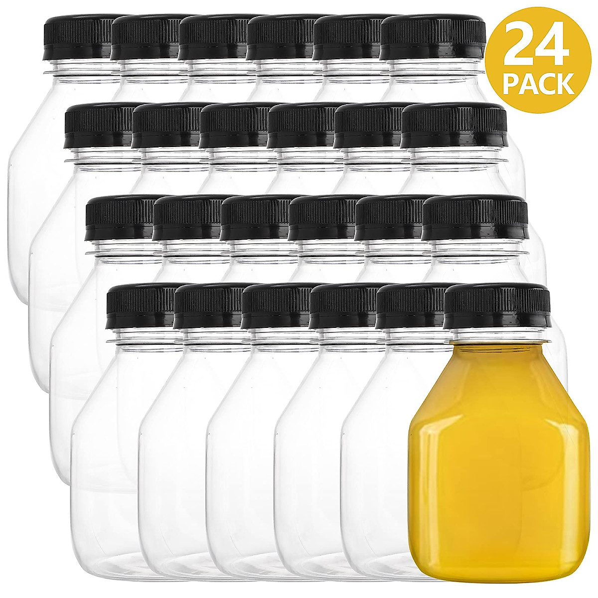 DEAYOU 24 Pack Plastic Juice Bottles, 8 OZ Empty Clear Beverage Bottles with Caps, Small Reusable Drink Container with Black Tamper Evident Lid for Take Out, Milk, Smoothie, Juicing, Cold Drinks