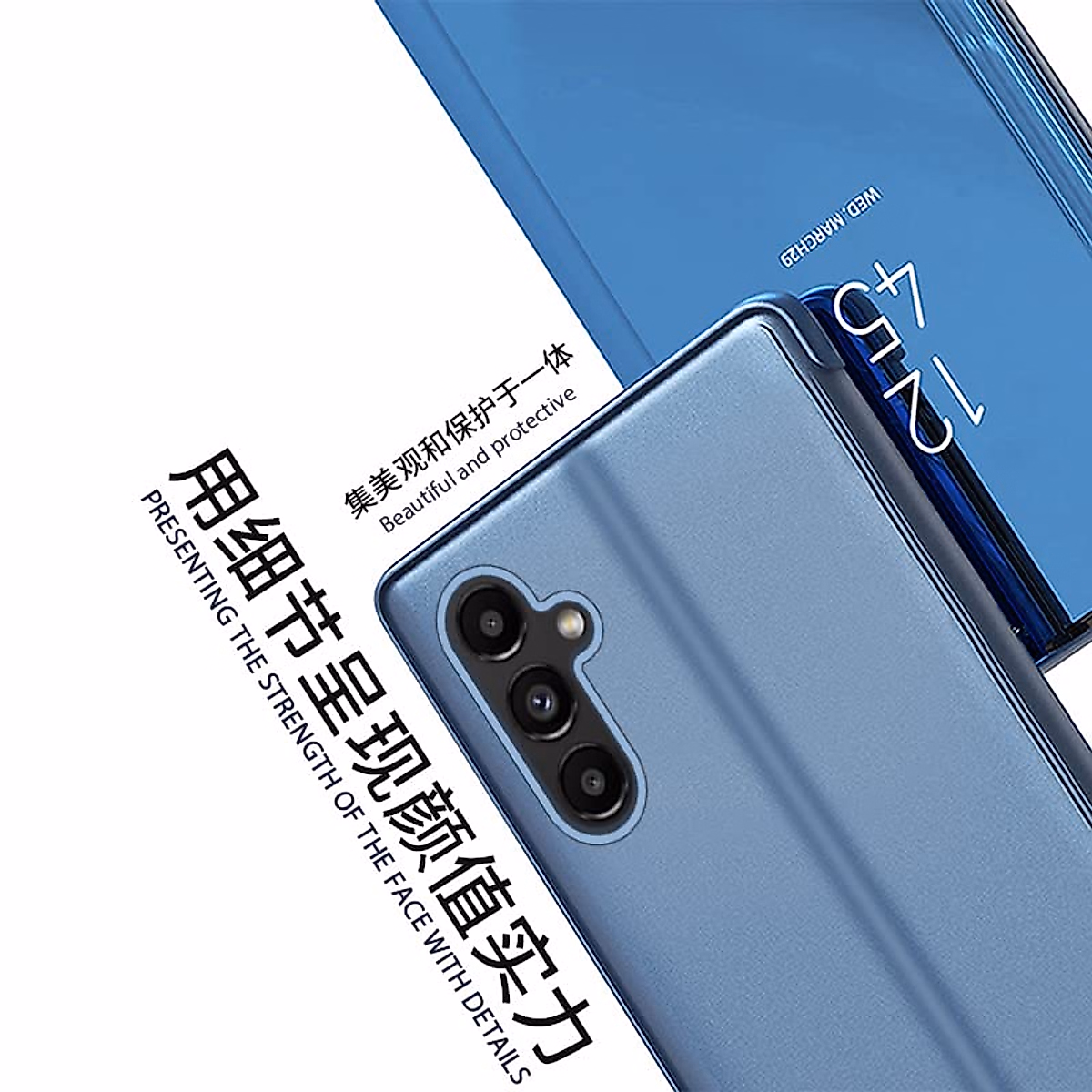 OOPKINS Compatible with Samsung Galaxy A14 5G Case Luxury Bookstyle Clear View Window Electroplate Stand Full Body Protective Flip Folio Slim Cover for Samsung Galaxy A14 5G PU Mirror Blue MX