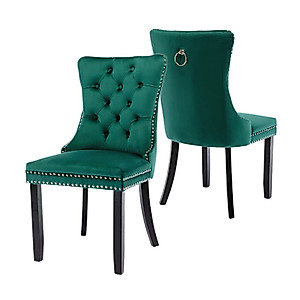ayoodfo Velvet Dining Chair Set of 2, Upholstered Dining Room Chairs with Nailhead Trim and Back Ring Pull, Modern Luxury Tufted Dining Chairs for Kitchen, Dinning Room, Green