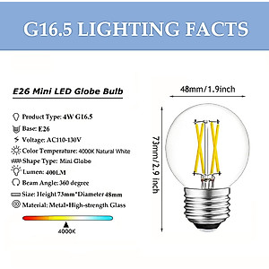 Greeogin Dimmable E26 LED Edison Bulb, g16.5 led Candelabra Bulb 4W Equal to 40W Natural White 4000K,for Pendant Fixtures,Chandeliers,Vanity Bulbs 5 Pack