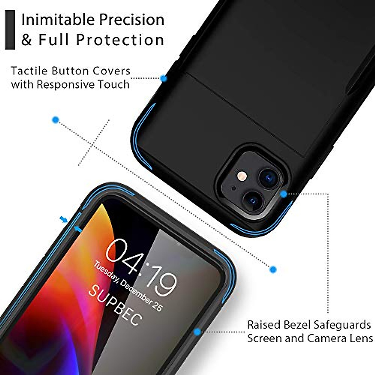 SUPBEC iPhone 11 Case with Card Holder and [Screen Protector Tempered Glass x2Pack] iPhone Wallet Case Cover with Shockproof Silicone TPU + Anti-Scratch Hard PC - Full Protective-2019-6.1"-Black