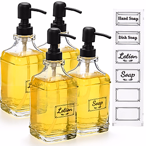 YOUEON 4 Pack 18 Oz Glass Soap Dispenser with Pump, Thick Glass Hand Soap Dispenser with Rust Proof Stainless Steel Pump & Clear Stickers, Refillable Soap Dispenser Set for Kitchen, Bathroom