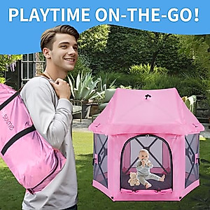 Hiseeme Baby playpen with Canopy,Extra Large Portable Play Yard Indoor and Outdoor,Toddler Play Yard with Double-Layer mesh Shade Cloth skylights,Suitable for Home,Beach,Travel,Easy to Clean,Pink