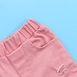 ICECTR Toddler Baby Girls Kid Flared Denim Pants Ruffled Wide Legs Ripped Jeans High Waist Bell Bottoms Casual Outfit (Pink, 3-4T)