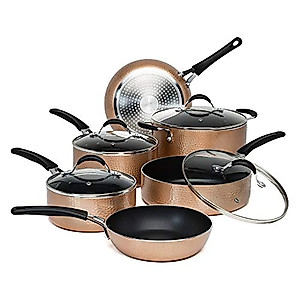 Ecolution Impressions Hammered Nonstick Pots and Pans Set, Dishwasher Safe Cookware with Riveted Stainless Steel Handles, 10-Piece, Copper