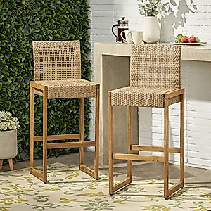 Elon Outdoor Barstools - Wicker and Acacia Wood - Light Multi-Brown/Teak (Set of 2)