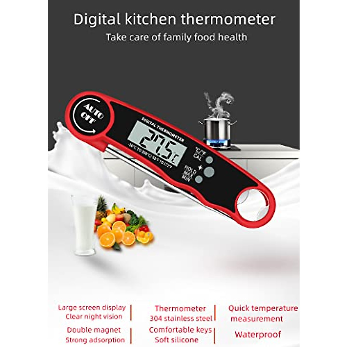 FLYSZQ Digital Instant Read Meat Thermometer,Foldable Probe with Backlight,Waterproof and Calibration,Thermometer for Food Cooking,Grilling,Baking (Red)