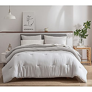 SHALALA Light Grey Cotton Gauze Lightweight Comforter Bedding Sets, Light Grey Comforters for King Bed, 7pcs Soft Warm Bed Sets with Comforter Set and Gray Striped Sheet Sets