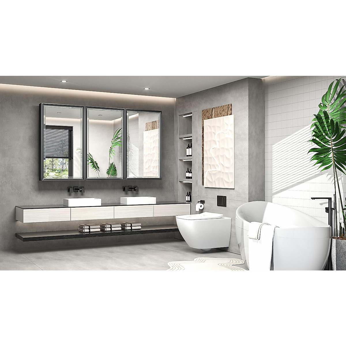 TokeShimi 48x30 Medicine Cabinet Bathroom Vanity Mirror Black Metal Framed Recessed or Surface Wall Mounted with Aluminum Alloy Beveled Edges Design 3 Doors for Modern Farmhouse