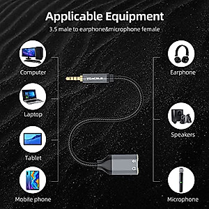 YOACELE 2 in 1 3.5mm Headphone Splitter Adapter, 3.5mm Male to Audio and Microphone Adapter, Compatible with iPhone, Samsung Phones and Tablets