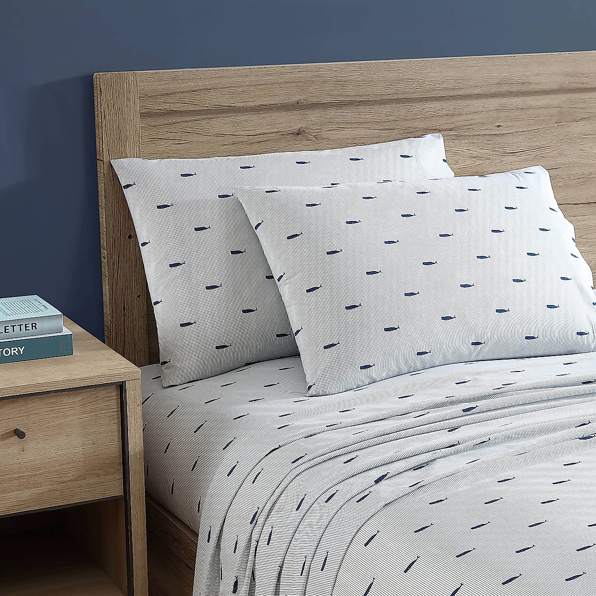 Nautica - Full Size Sheet Sets, Cotton Percale Bedding, Crisp & Cool, Coastal Bedding Set (Whale Stripe Blue, Full)