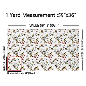 Bird Fabric by The Yard, Branches Upholstery Fabric, Leaves Floral Decorative Fabric, Wildlife Animals Botanical Indoor Outdoor Fabric, Flower DIY Art Waterproof Fabric, Green Red, 2 Yards