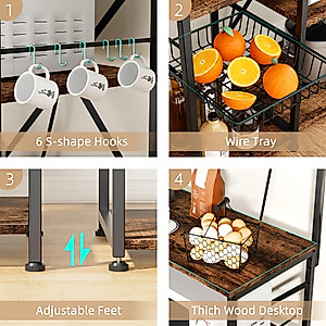 JAMFLY Bakers Rack with Power Outlet, Microwave Stand, kitchen Storage Shelf with 6 Hooks, Coffee Bar Station with Wire Basket, 6 Tier Kitchen Rack for Living Room, Spice, Pots and Pans Organizer