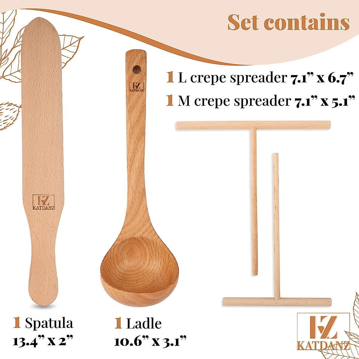 Crepe Spreader Spatula and Ladle Kit - Large and Medium Beachwood Versatile Pancake Tool 3 Recipes Included - Convenient Size for Nonstick Disc Pan Crepe Maker - Lightweight Wooden Flipper - Great Set