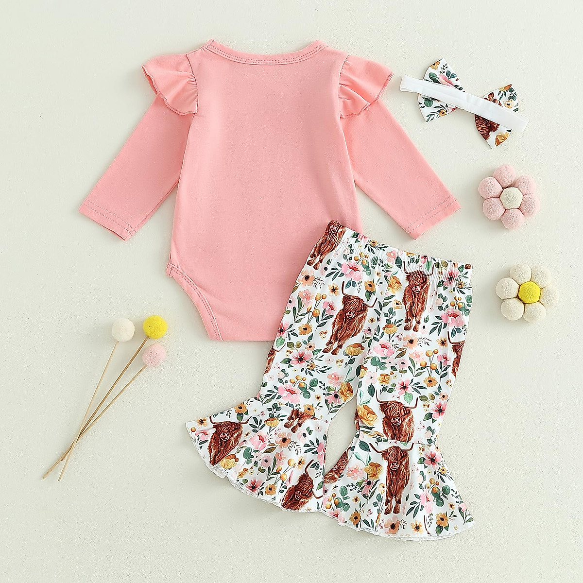 TheFound Western Baby Girl Clothes Ruffle Romper Cow Print Bell Bottoms Cowgirl Outfits for Girls Newborn Cute 2Pcs Set (Pink, 12-18 Months)