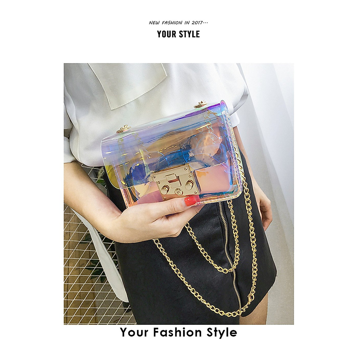 Holographic Clear Purse Crossover Shoulder Messenger Bag Laser Sling Purse with Golden Chain, Transparent