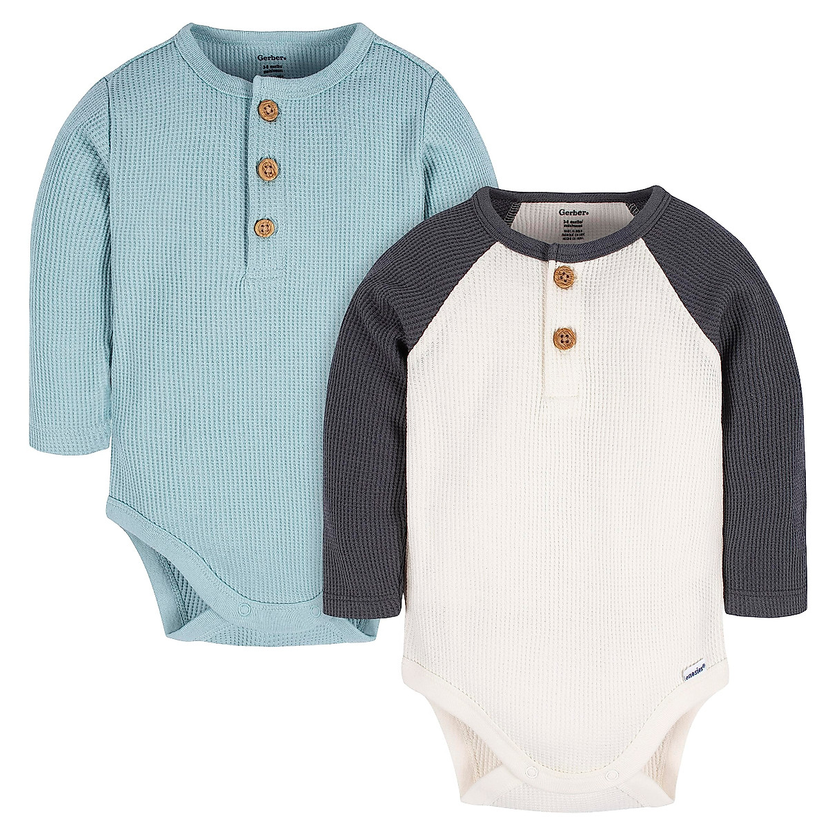 Gerber Baby Boy's 2-Pack Long Sleeve Henley Onesies, Blue and Ivory