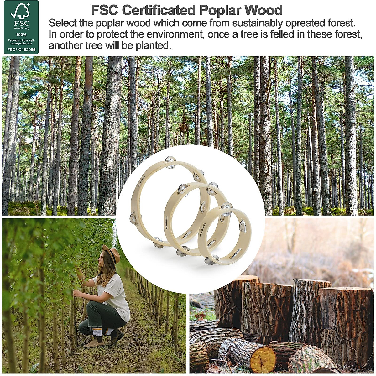 MUSICUBE Tambourine for Adults Kids 3 Packs Wood Tambourine Hand Held Metal Jingles Percussion musical instruments for Church Education Party Supply (6-Inch, 8-Inch, 10-Inch)