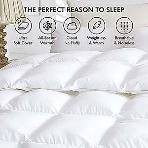 Luxurious Full/Queen Size Goose Down Feather Fiber Comforter Duvet Insert, Ultra-Soft 100% Egyptian Cotton Cover, 60 oz. Fill Weight, All-Season White Solid Comforter