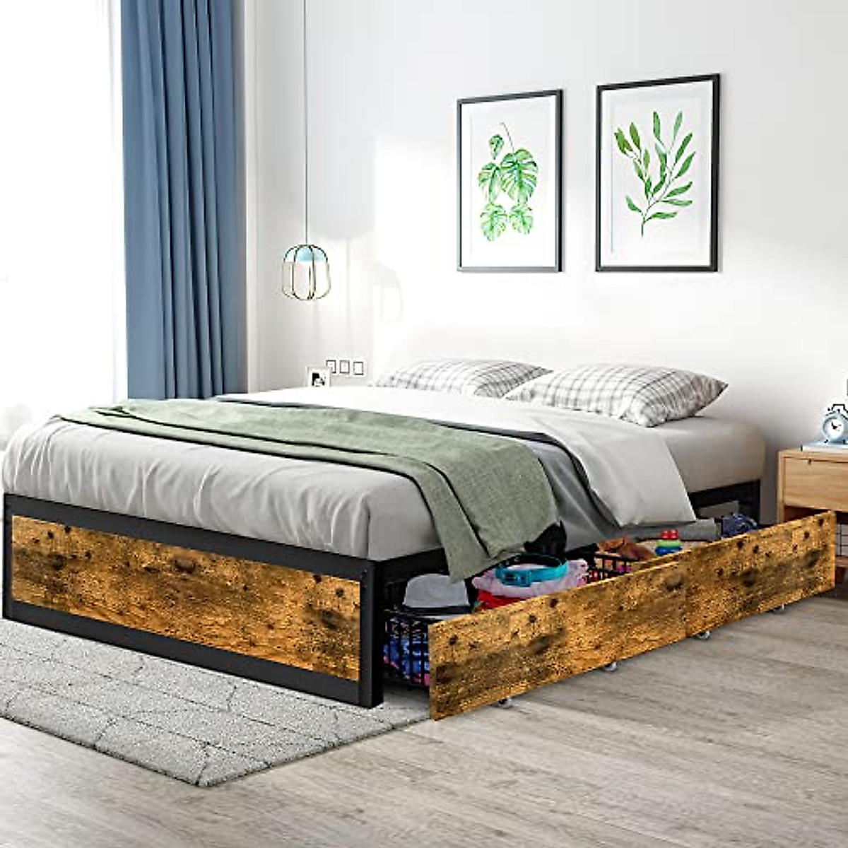 Pliwier Bed Frame with 4 Drawers, Heavy Duty Metal Platform Bed with Headboard and Footboard, No Box Spring Needed, Non-Slip, Noise Free, Easy Assembly (Queen Bed Fframe Basic with 4 Drawers)