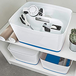 Leitz Large MyBox with Lid, Storage Box for Home and Office, High Gloss Plastic, 18 Litre, A4, White/Blue Metallic
