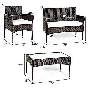 Tangkula 4 PCS Patio Outdoor Conversation Set with Glass Coffee Table, Loveseat & 2 Cushioned Chairs, Garden Lawn Rattan Wicker Patio Chat Set, Outdoor Furniture Set (Brown)