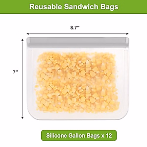 Moretoes 12 Pack Reusable Ziplock Bags, Freezer Bags Leakproof Sandwich Size Food Storage Bags Washable for Marinate, Snakes, Travel, Kitchen Organization (Grey)