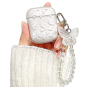 Lovmooful Compatible with AirPods Case Cute Clear Glitter Butterfly Pattern with Lovely Pearl Chain Design for Women Girls Soft TPU Shockproof Protective Cover Case for Airpods 2&1- Butterfly