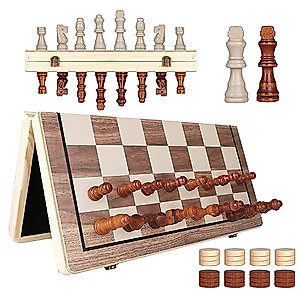 Demiwise Magnetic Chess Sets - Chess & Checkers Set (2 in 1), 2 Extra Queens, Magnetic Chess Board, Checkers Board Portable Folding Board Game for Adults and Kids