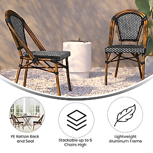 EMMA + OLIVER Soie Bistro Chair - Black & White Woven PE Seat and Back - Bamboo Finish Aluminum Frame - for Indoor/Outdoor Use - Set of Two