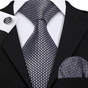 Barry.Wang Men Tie Set Plaid Silver Grey Black Silk Necktie Handkerchief Cufflinks Formal Business Wedding Party