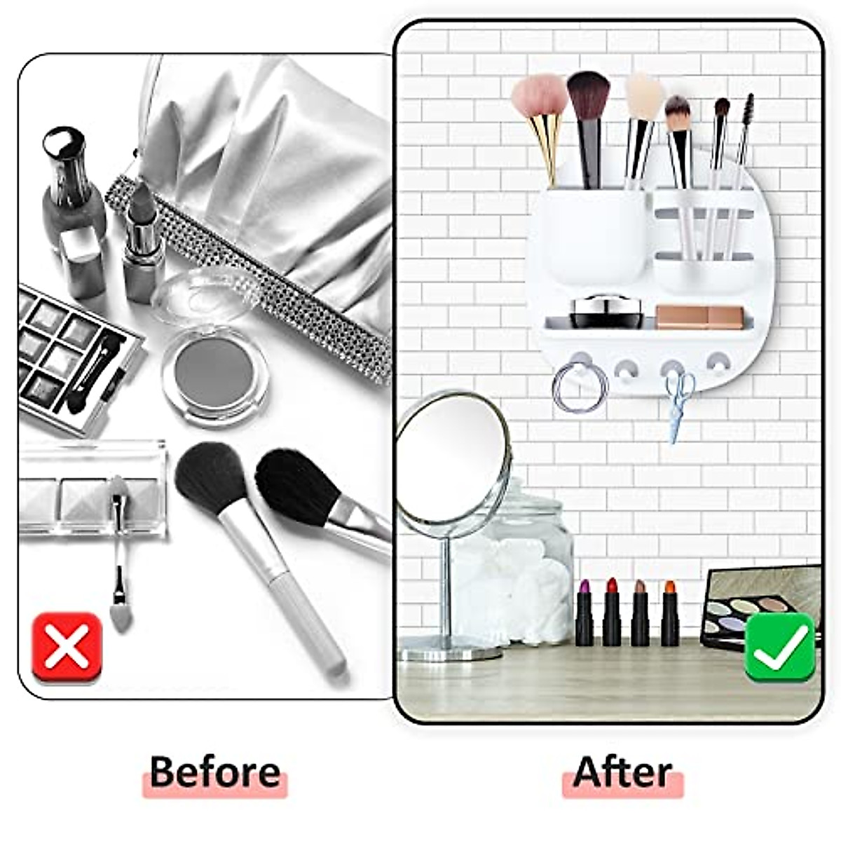 Kilolemo Wall Mounted Makeup Brush Holder Small Storage Organizer Adhesive Wall Storage Holder Hanging Container Toothbrush Storage Rack for Badroom Bathroom Kitchen（White）