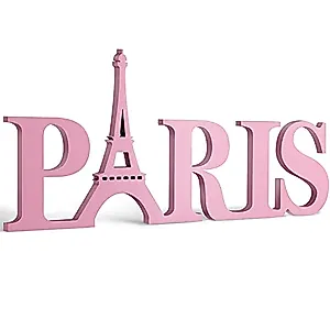 Paris Decor for Bedroom Wooden Paris Themed Wall Decor Paris Wooden Letters Eiffel Tower Decor, Paris Wood Sign Decor Art for Girls Bedroom Bathroom French Room Home Wall Art Decoration (Pink)