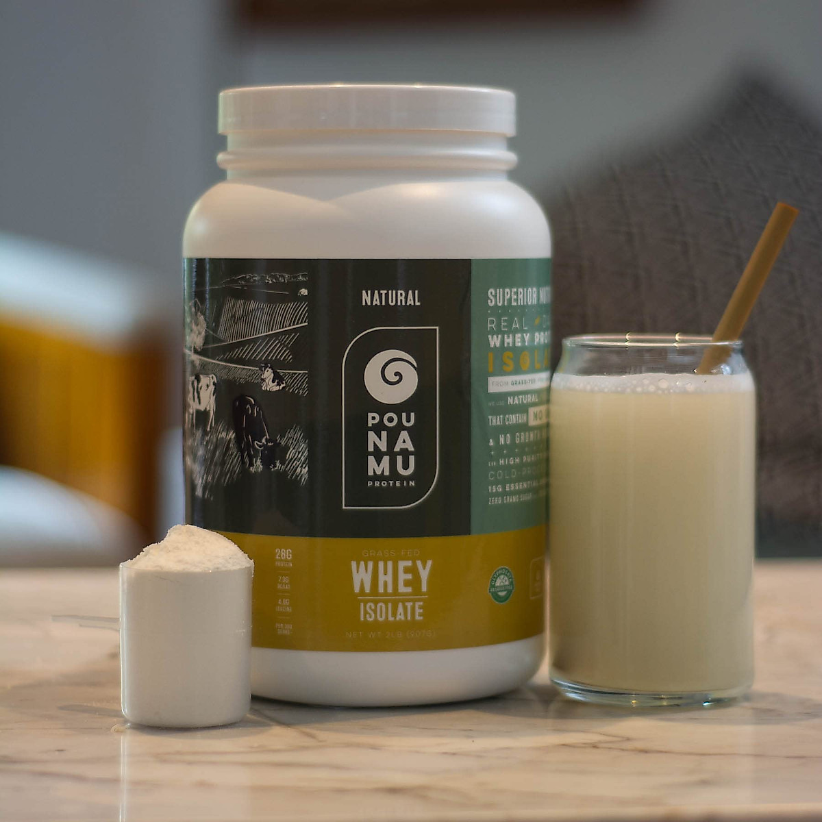 Pounamu Natural Whey Protein Isolate Powder, 28g Protein, 7.3g BCAAs, 4g Leucine | New Zealand Free-Range, Grass-Fed Dairy | Gluten-Free, Keto, Kosher | 2LB, 30 Servings