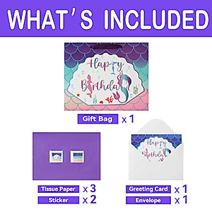 13" Large Purple Gift Bag Set with Greeting Card and Lavender Tissue Papers (Mermaid Design) for Girls' Birthday Party, Women's Birthday Parties, Baby Shower, Baby Girl - 13”x5.2”x10.2”, 1 Pcs.