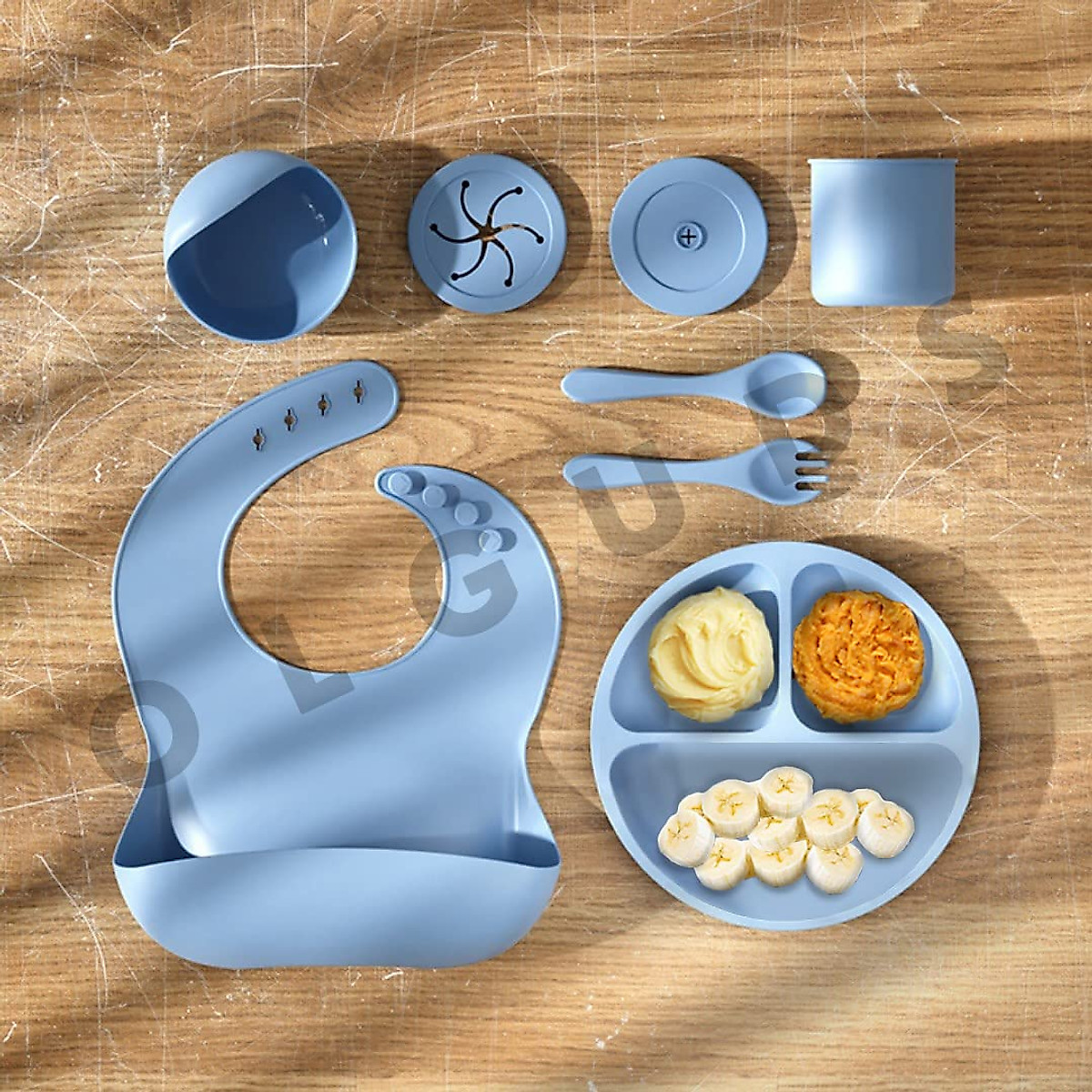 OLGUDS - Silicone Baby Feeding Set - Baby Led Weaning - Toddler Eating Utensils Bib Suction Bowl Divided Plate Sippy Cup - Baby First Stage Solid Food Essentials Dish Set - 6+ Months (Dark Pink)